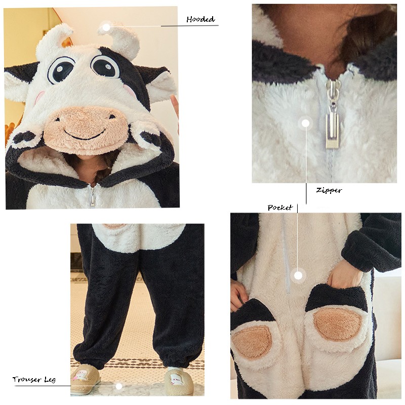 Couples Pajamas Winter Hoodies Jumpsuit Cow One-piece Homewear
